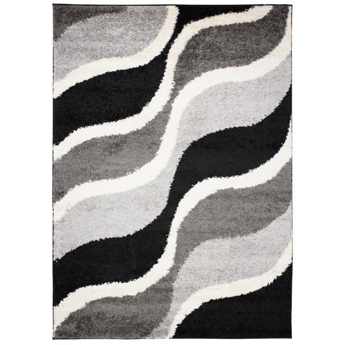 TAPISO Tapis Salon Shaggy Poils Longs DELHI Noir Gris Blanc Ondes ...
