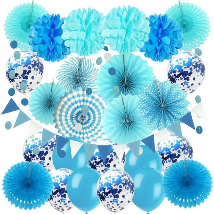 Décoration De Fête, Éventails En Papier Bleu Pom Poms Guirlandes De Confettis Ballons En Latex ...