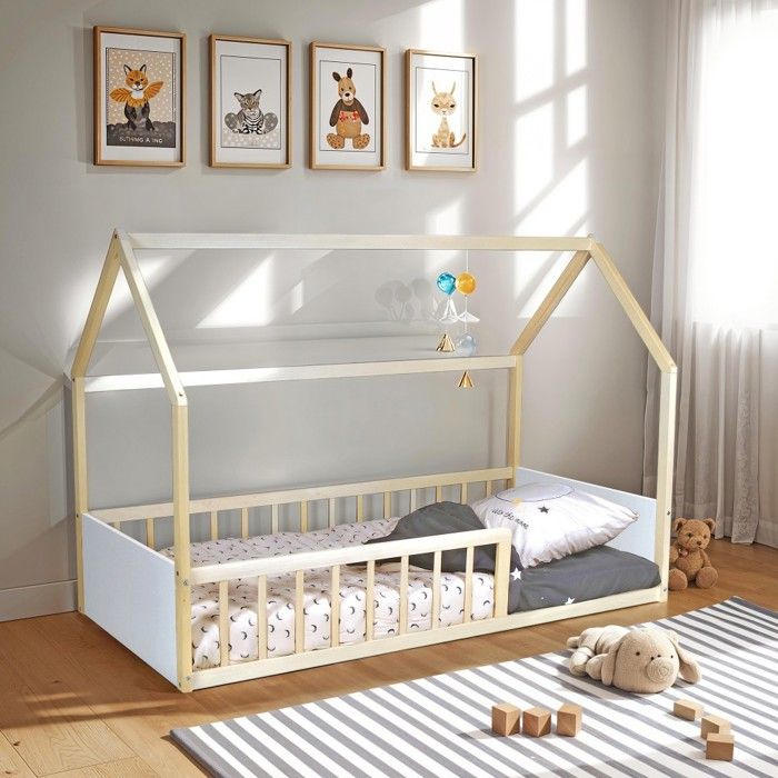 Lit cabane BALOO 90x190 + 1 sommier / Blanc et Bois clair - Cdiscount ...