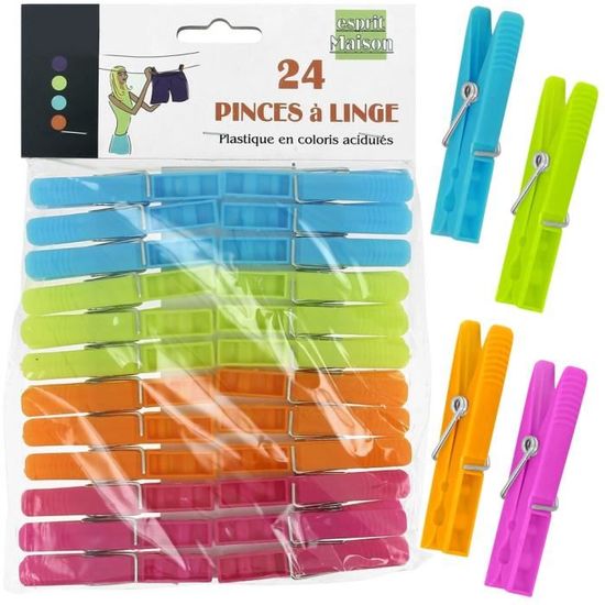 Set Lot 24 Pinces A Linge Coloris Acidulés Fluo Tendance Ménager Fun ...