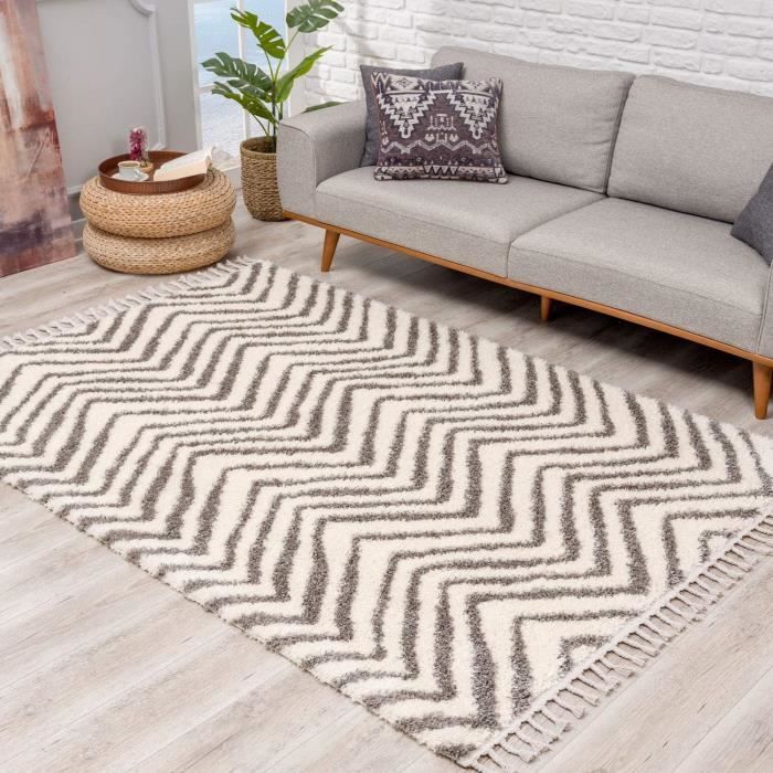 Tapis à Poils Longs Shaggy Moderne en crème-Gris Super Doux avec Motif Chevron pour Le Salon ...