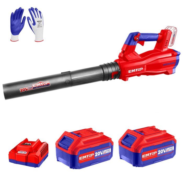 Souffleur à batterie brushless EMTOP 20V avec 1 chargeur 4A + 2 batteries lithium-ion 4.0Ah ...
