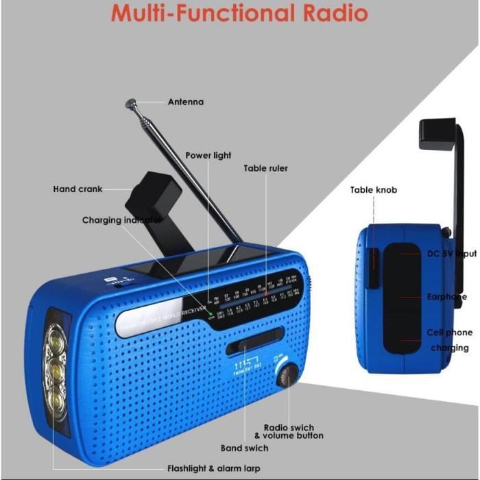 Radio FM/AM/SW portable à manivelle solaire de secours + lampe de poche ...