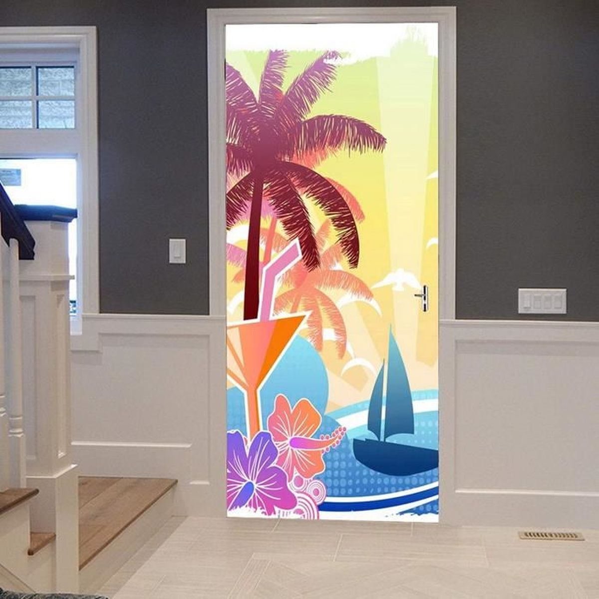 Sticker Porte Autocollant Poster de Porte 3D Île Tropicale Bleu Océan ...