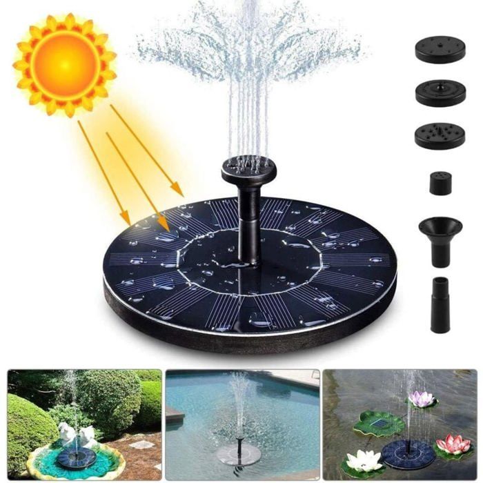 Fontaine Solaire Pompe 1,4W 150L/h,Mini Pompe Solaire avec 4 Buses pour Fontaines Décoratives ...