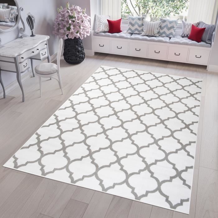 TAPISO Fire Tapis de Salon Chambre Ado Moderne Marocain Treillis Blanc Gris Fin 120 x 170 cm ...