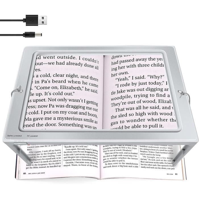 50 leds loupe de lecture mains libres avec lumière, grande loupe 4X rectangulaire pleine page ...