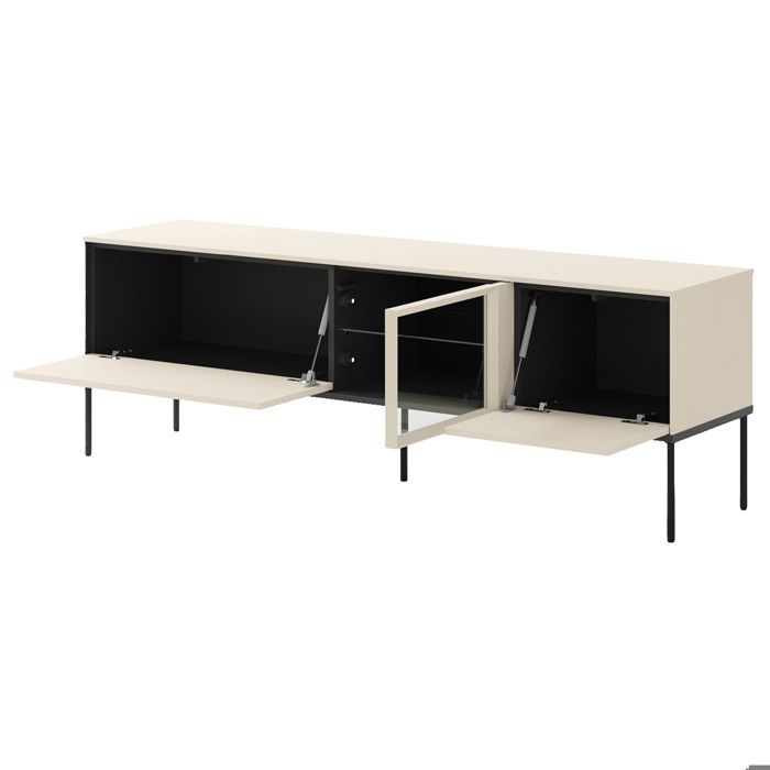 Meuble TV bas avec vitrine en verre éclairée – BELLEZO – 166 cm – crème ...