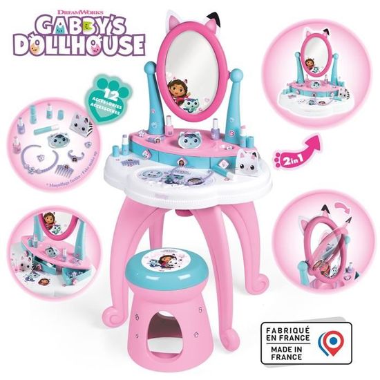 Smoby - Gabby et la Maison Magique - Coiffeuse enfant 2 en 1 - Tabouret ...