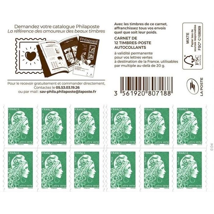 2 x Carnets De 12 Timbres Poste Lettre Verte Marianne 20 Grammes Validité Permanente - Cdiscount ...