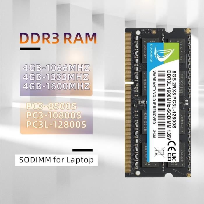 Module De Mémoire Ram Ddr3 Pc3L-12800S Sodimm Ddr3-Ddr3L 1,35 V-1,5 V Non-Ecc 204 Broches 8 Go(1 ...