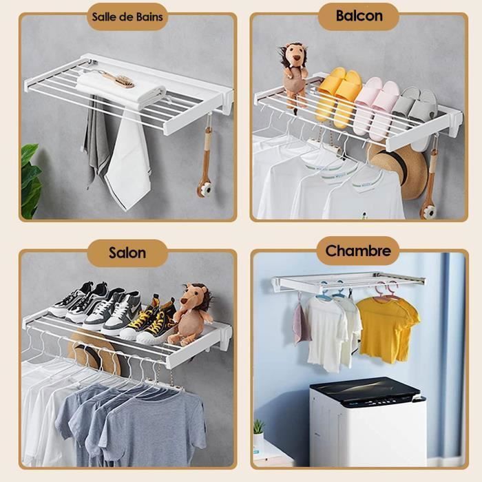 Séchoir à Linge Mural, 85.5cm Étendoir Mural avec 7 Tringles 4 Crochets ...