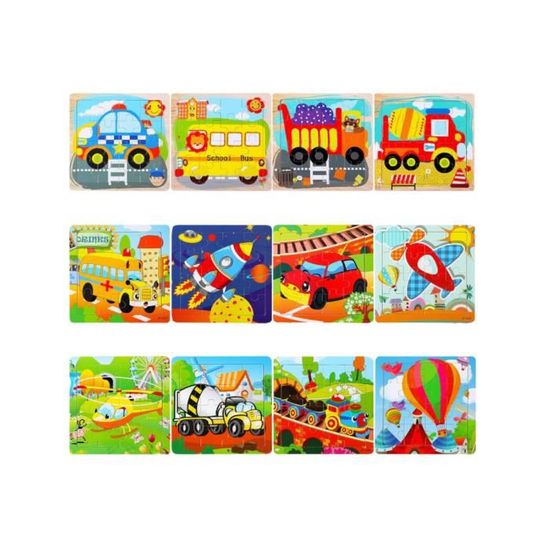 Puzzles en Bois - Non spécifié - Lot de 12 - Véhicules - 16 pièces par ...