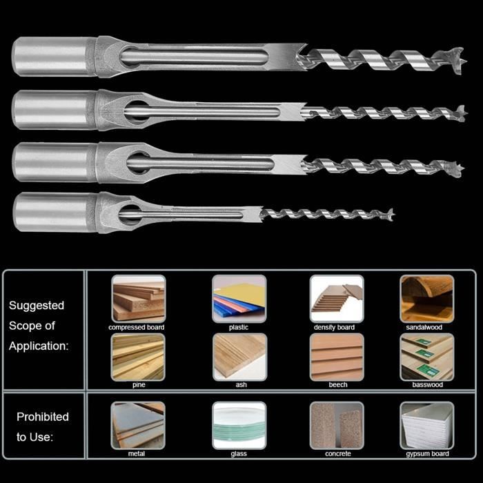 ETO- Foret à trou carré Jeu de Ciseaux à Mortaiser le Bois, 4 Pièces ...