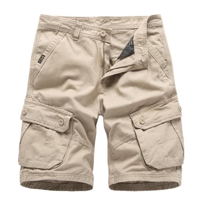 Short Cargo Multi-poches Homme en Coton Coupe Droite Short Ete Couleur ...