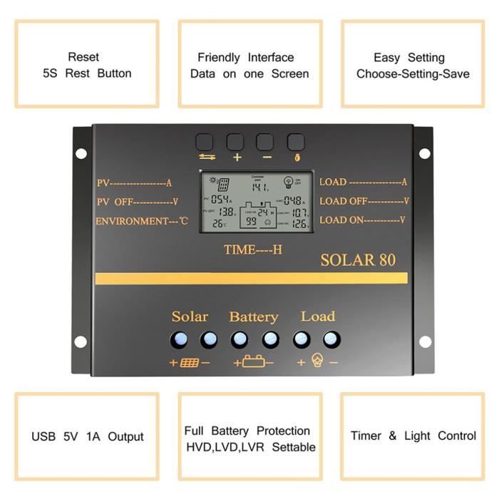 Contrôleur de charge solaire - SURENHAP - PWM 80A - 12V/24V - USB - Écran LCD personnalisé ...