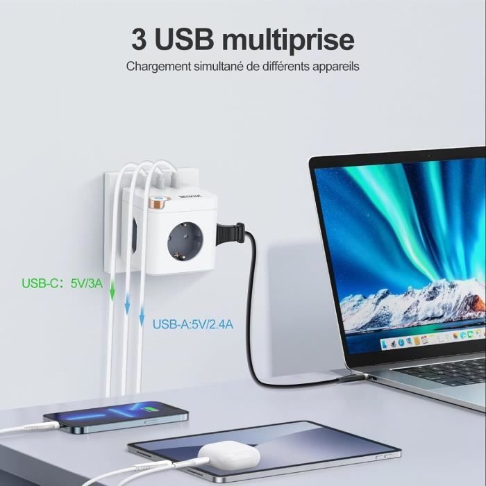 Multiprise Electrique USB C 3680W Bloc Multiprises Murale 3 Prises 6en ...