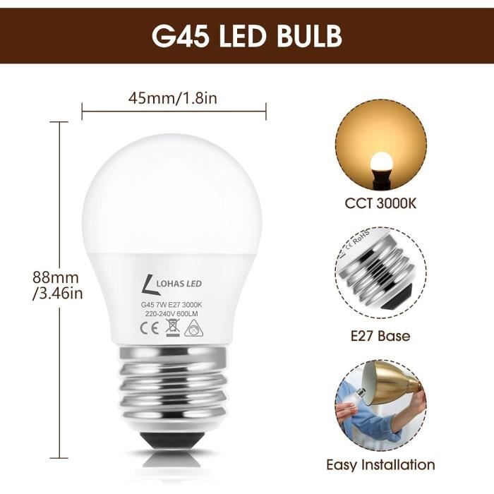 Lohas Ampoule Led E27 7W, G45 Led Blanc Chaud 3000K, 7W(Équivalent Ampoule Incandescente 60W ...
