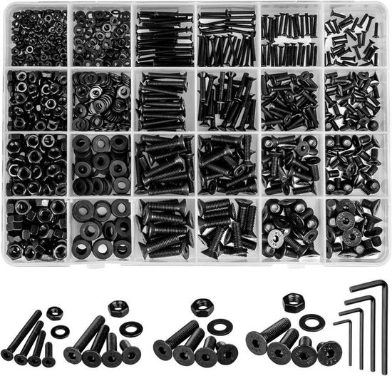 Lot De 1220 Écrous À Tête Fraisée M2 M3 M4 M5 Hex Plat Set De Vis Écrous Et Rondelles ...