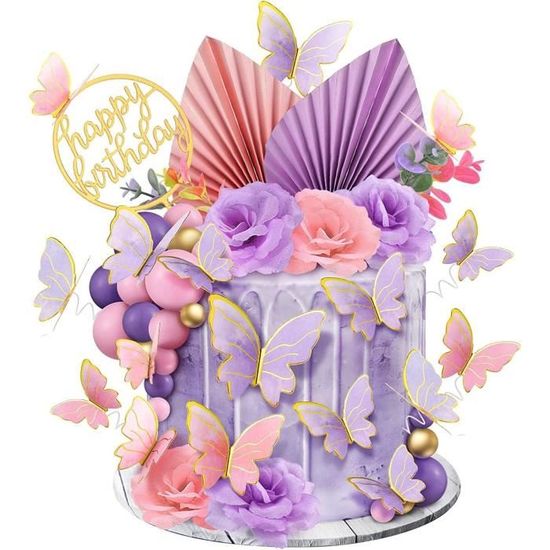 42Pcs Purple Butterfly Cake Topper Papillon Violet Feuilles De Palmier ...