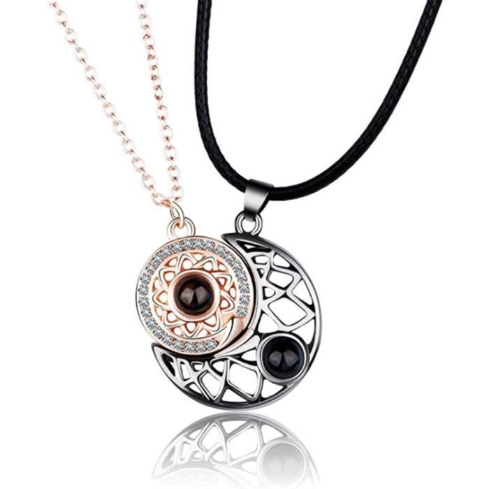 Collier de couple magnétique Soleil et Lune, 100 langues Je t'aime ...