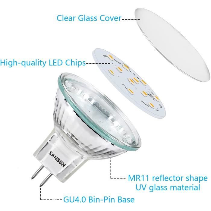 4 Ampoules LED MR11 GU4.0, 2W (équivalent ampoules halogènes 20 W), G4-GU4-GZ4 Base, 200lm, 12V ...