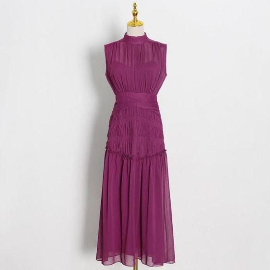 Robe,VGH mousseline de soie ruché robe pour les femmes col montant sans ...
