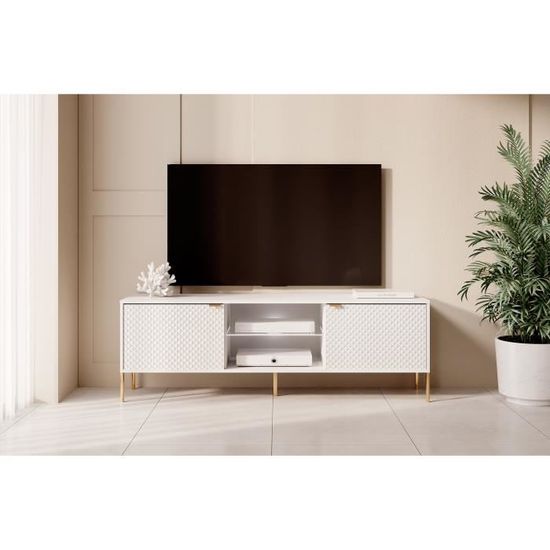 Meuble TV - CALVIO - 160 cm - avec la façade cannelée, blanc avec LED ...