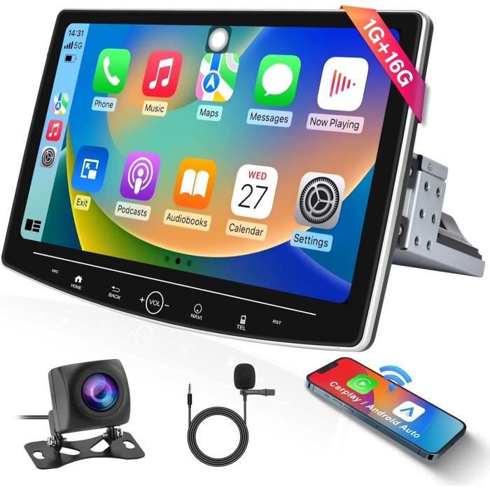 Podofo Autoradio 1 Din Android Carplay sans Fil avec Navi Écran Pivotant 10'' écran Tactile GPS ...