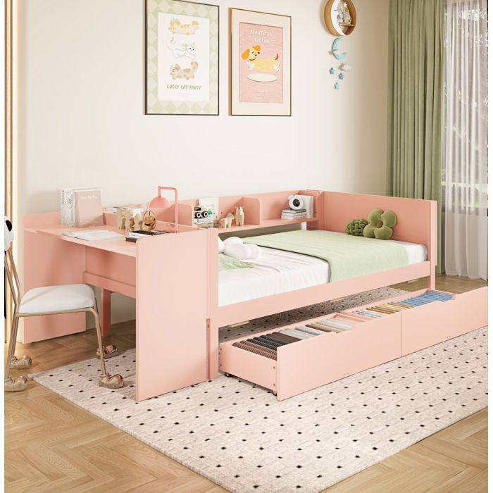 Lit enfant lit simple avec bureau rangement 90x200 en pin avec 2 ...