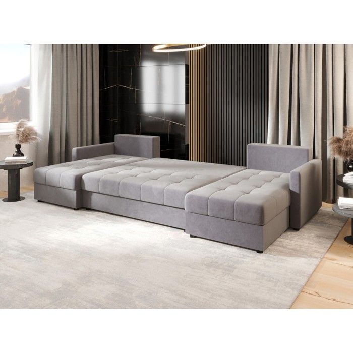 Canapé d'angle panoramique convertible BRINIA en tissu gris - 5 places ...