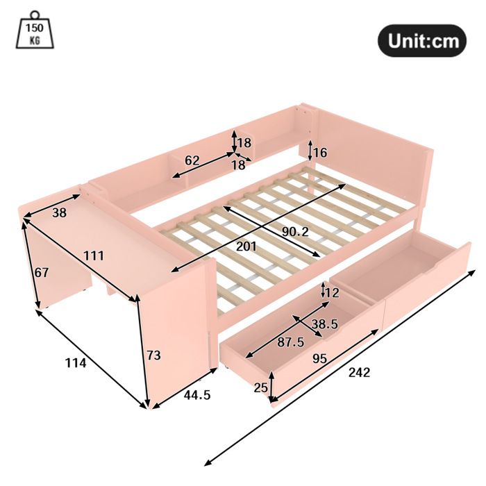 Lit enfant lit simple avec bureau rangement 90x200 en pin avec 2 ...