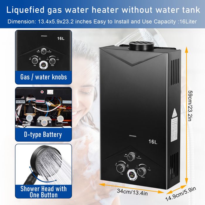 Chauffe-eau à Gaz Instantané, 16L, Sans Réservoir, 4.21GPM, 68000BTU ...