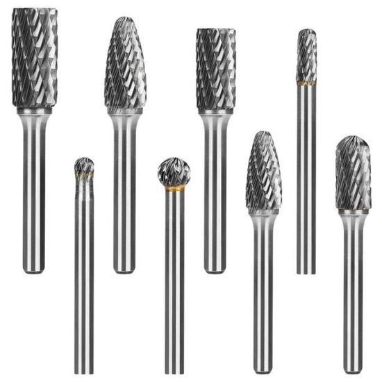 8pcs ensemble de fraises rotatives en carbure monobloc en acier au tungstène à double coupe ...