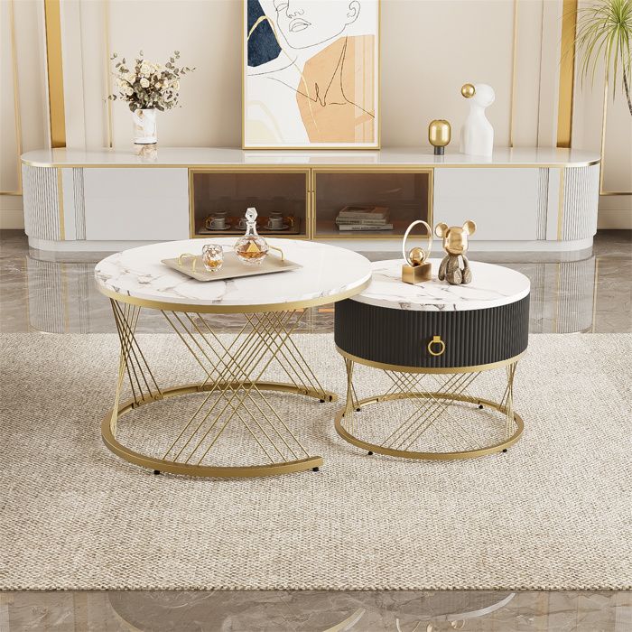 Table basse lot de 2 salon Rond avec 1 tiroir Style luxe or 70x70x45 ...