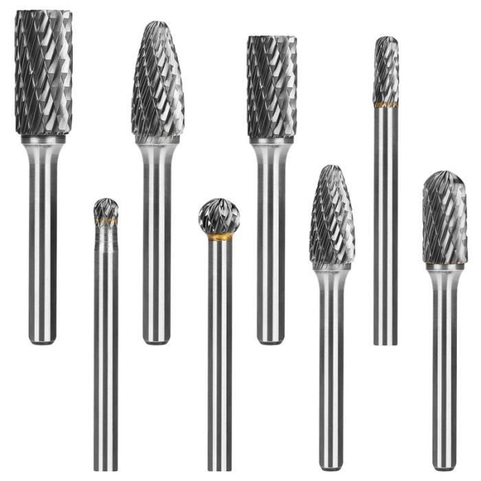 8pcs ensemble de fraises rotatives en carbure monobloc en acier au tungstène à double coupe ...
