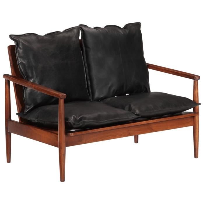 CANAPE - SOFA - DIVAN - Canapé 2 places noir cuir véritable et bois d ...