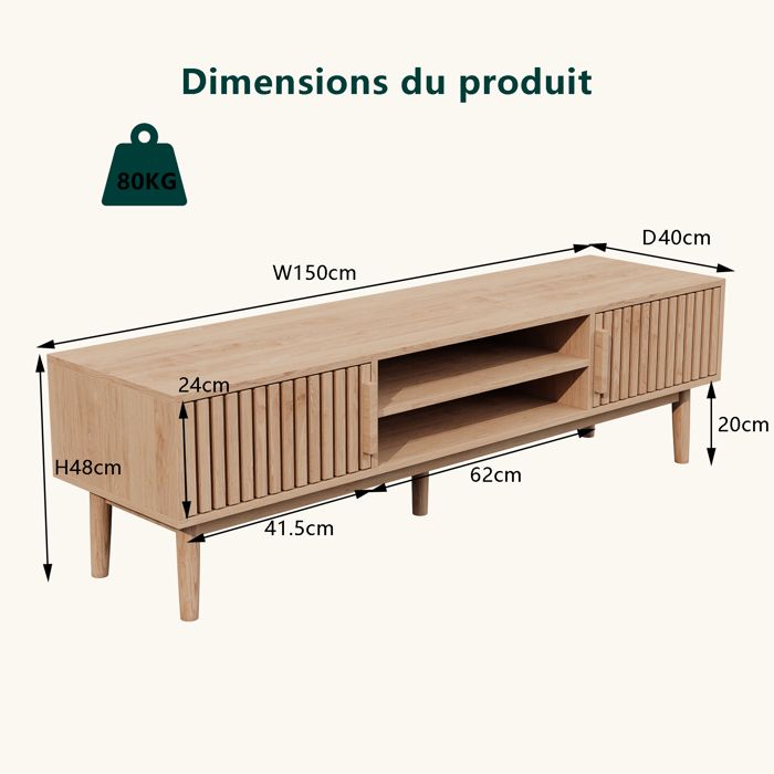 Meuble Télé Bas, Table Télé Bois avec étagères de Rangement, Meuble TV ...