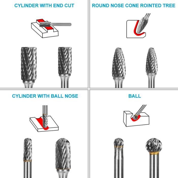 8pcs ensemble de fraises rotatives en carbure monobloc en acier au tungstène à double coupe ...