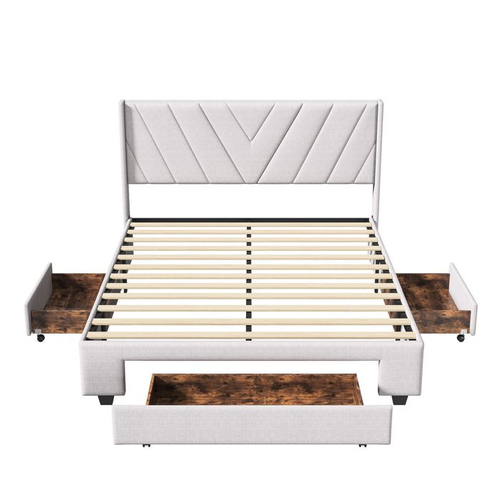 Lit Double 140x200cm avec Grand Tiroir et 2 Petits Tiroirs, Lit Adulte ...
