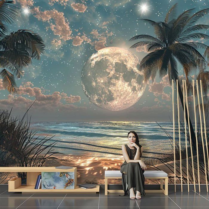 Papier Peint Panoramique Mural 3d Soie Plage Nuit Scène Lune Noix de ...