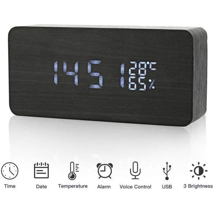 Réveil numérique - ZGEER - Modèle en Bois - 3 Niveaux de Luminosité ...