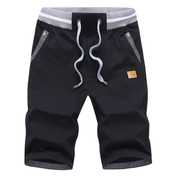 Bermuda Homme Ete Lin Taille Elastique Coupe Droite Casual Short - Noir ...