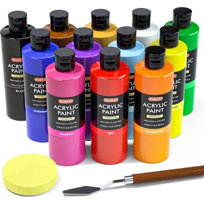 Shuttle Art Peinture Acrylique (473ml), Set de 12 Couleurs Peinture Acrylique Bouteille ...