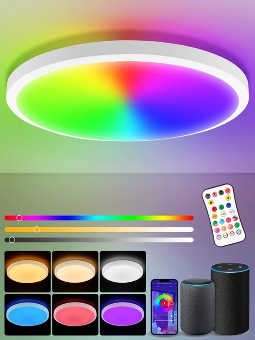 Plafonnier LED Alexa 24WPlafonnier LED RGB Dimmable avec Télécommande ...