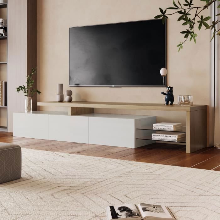 Meuble TV - Banc TV LED - Blanc - 3 portes - 2 étagères - Design ...