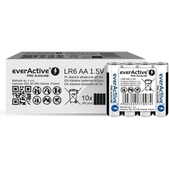 EverActive Lot de 40 Piles AA AA alcalines AA Mignon LR6 R6 1,5 V - Haute Performance - Durée de ...
