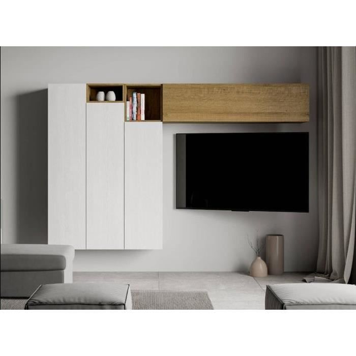 Meuble TV modulable suspendu design blanc et naturel Kina L 214 cm - 6 ...