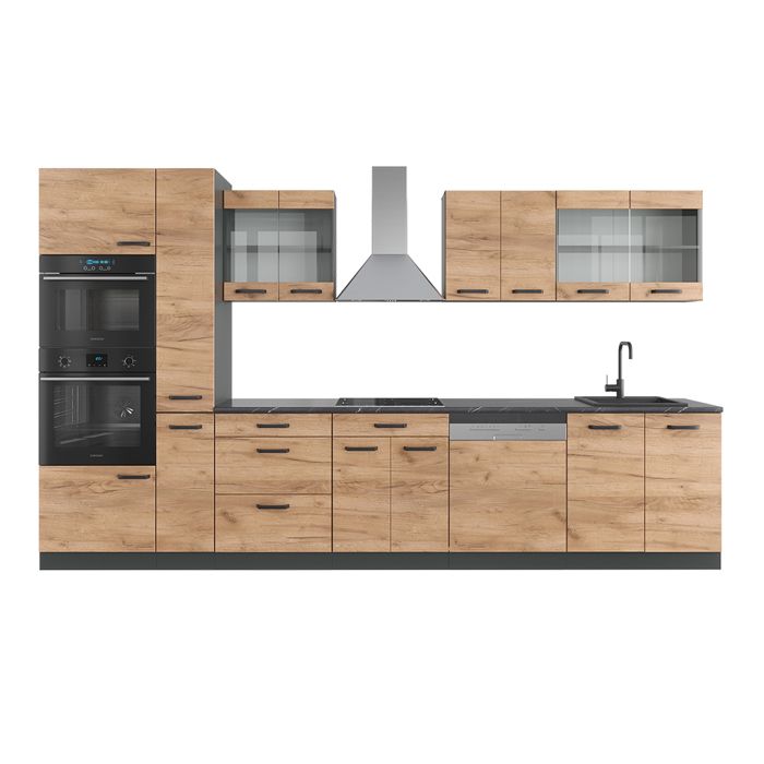 Cuisine R-Line, 350 cm avec armoire haute, sans plan de travail, Chêne doré/anthracite, Vicco ...