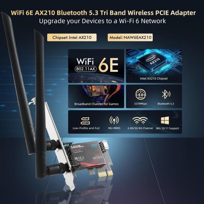Carte Wifi 6E Ax5400 Pcie Adaptateur Réseau Wifi, Puce Intel Ax210 Bluetooth 5.3, Tri-Band 2,4 ...